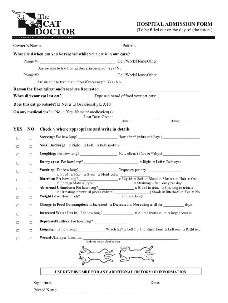 Fillable Online HOSPITAL ADMISSION FORM - (To be filled out on the day ...