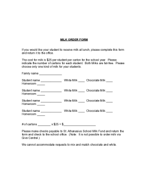 Fillable Online Milk Order Form - STMM School Fax Email Print - pdfFiller