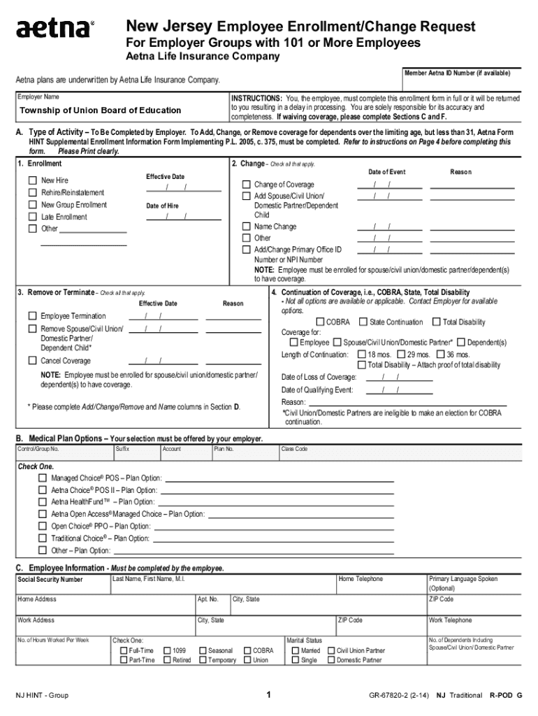 Fillable Online New Jersey Employee Enrollment/Change Form - Aetna Fax Email Print - pdfFiller