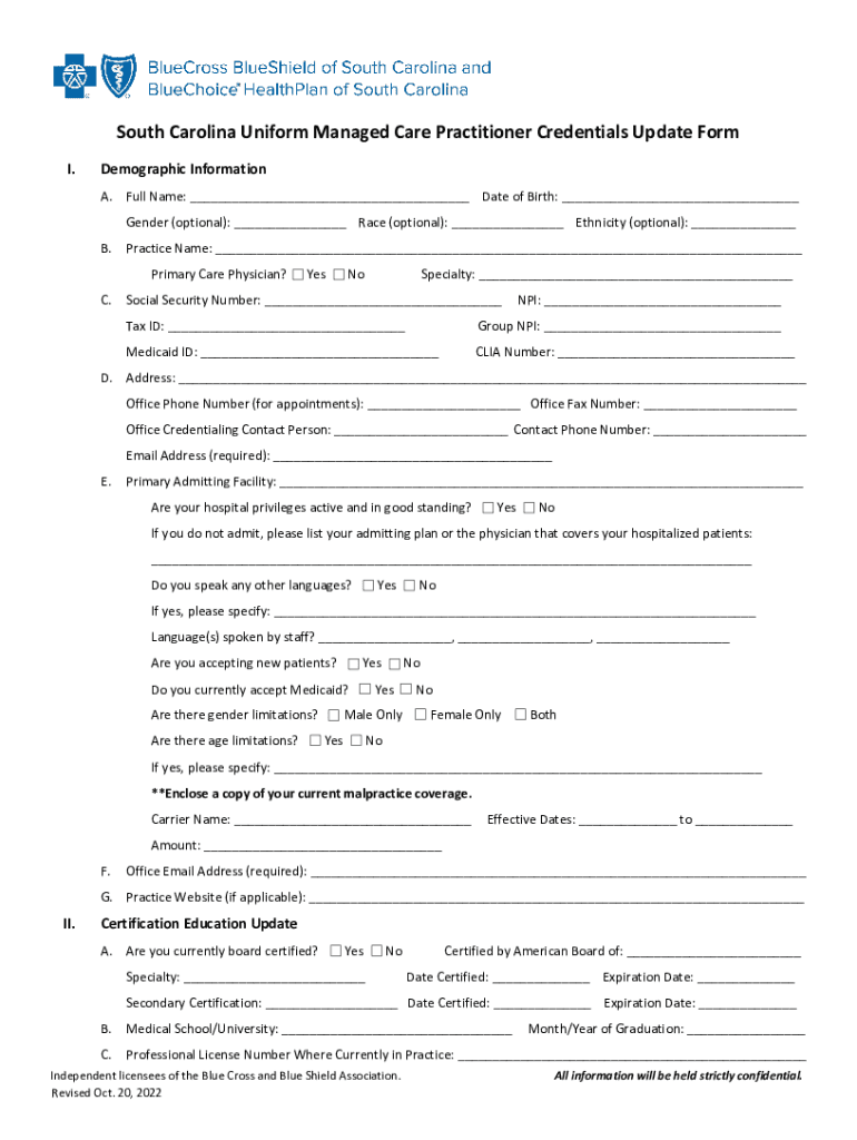 Fillable Online SC Uniform Managed Care Provider Credentialing ...