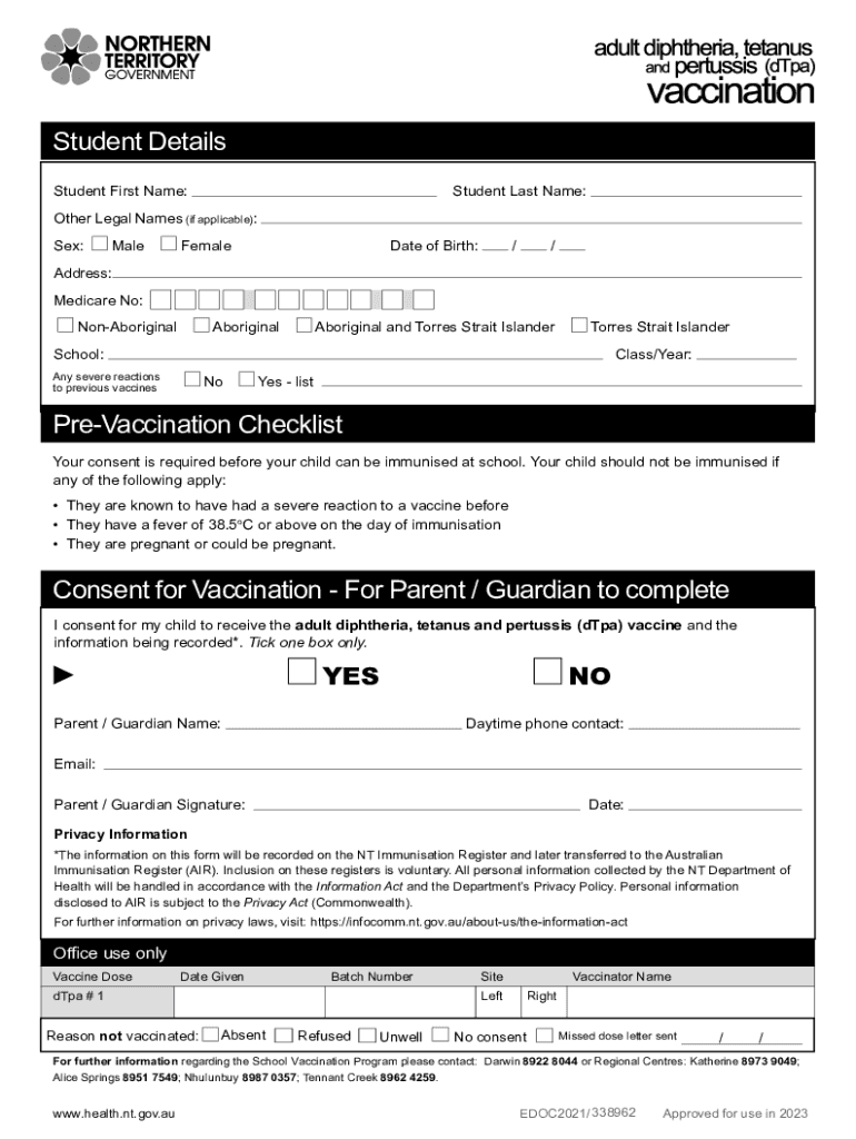 Fillable Online Diphtheria, tetanus and pertussis (dTpA) vaccination ...