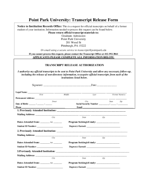 Fillable Online Point Park University: Transcript Release Form Fax Email Print - pdfFiller