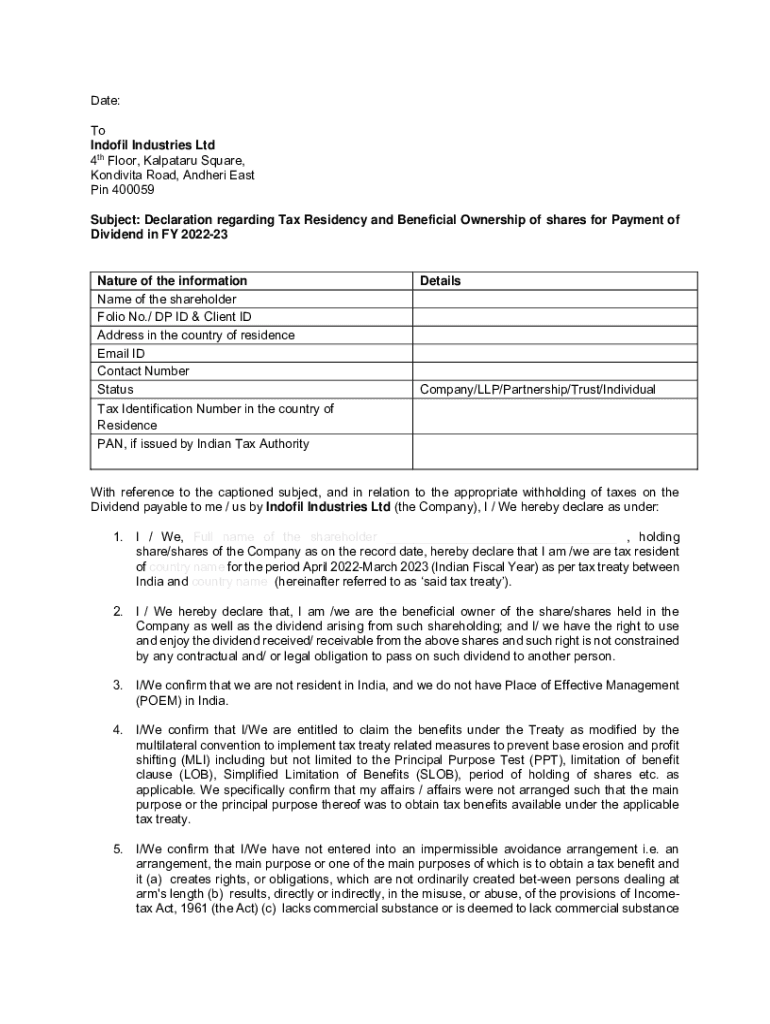 Fillable Online Declaration regarding Tax Residency and Beneficial ...