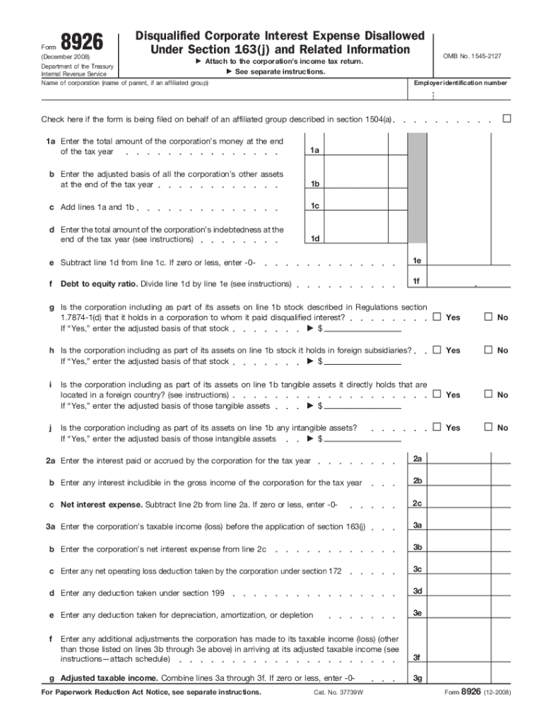 Fillable Online Form 8926 Disqualified Corporate Interest Expense ...