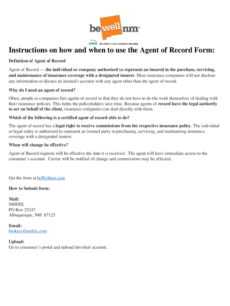 Fillable Online Instructions on how and when to use the Agent of Record Form: Fax Email Print ...