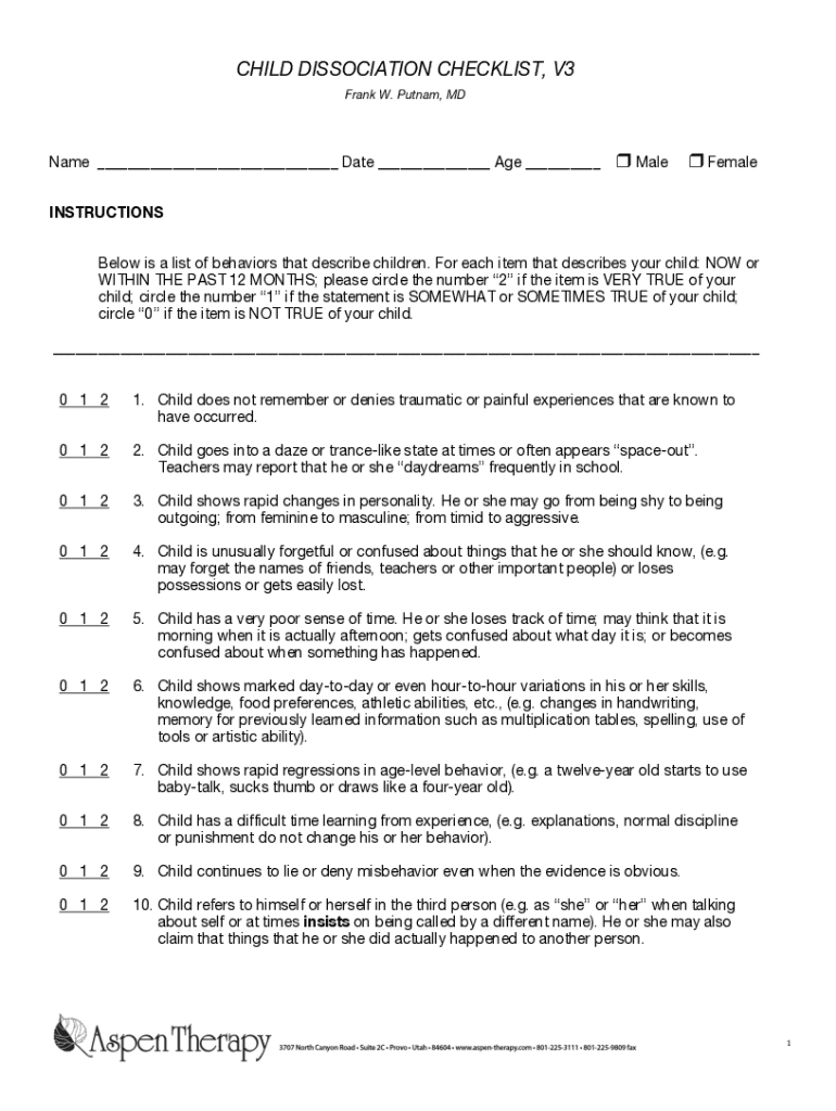 Fillable Online Child Dissociative Checklist (CDC), Version 3 - CE ...