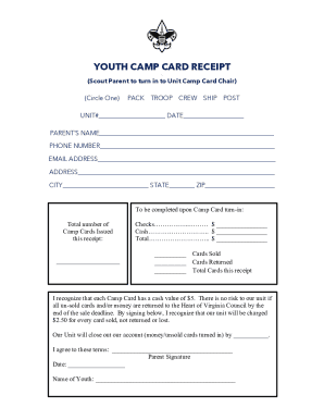 Fillable Online Youth Camp Card Receipt Fax Email Print - pdfFiller