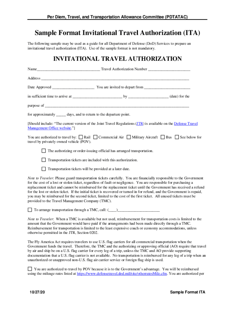 Fillable Online Sample Format Invitational Travel Authorization (ITA ...
