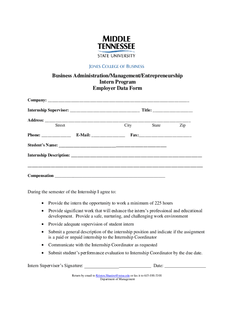 Fillable Online Employer Form for Internships Fax Email Print - pdfFiller