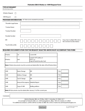 Fillable Online Get Palmetto GBA 1099/B Notice Request Form PROVIDER ...