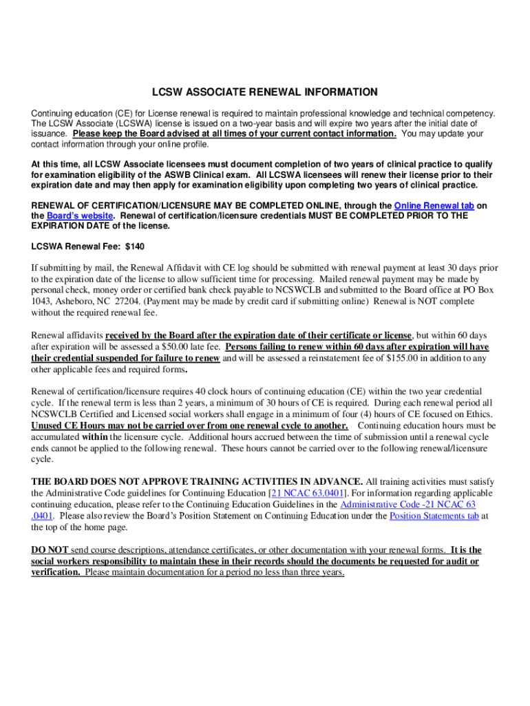 Fillable Online Renewal FAQs - North Carolina Social Work Certification ...
