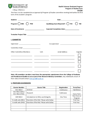 Fillable Online medicine usask Health Sciences Graduate Program Program of Studies Form ... Fax ...