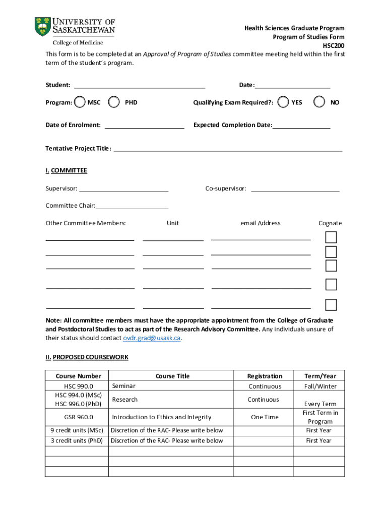 Fillable Online medicine usask Health Sciences Graduate Program Program ...