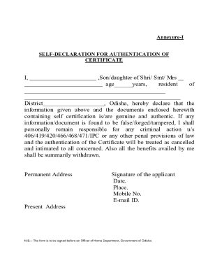 Fillable Online Authentication-Self certification and Self Declaration ...