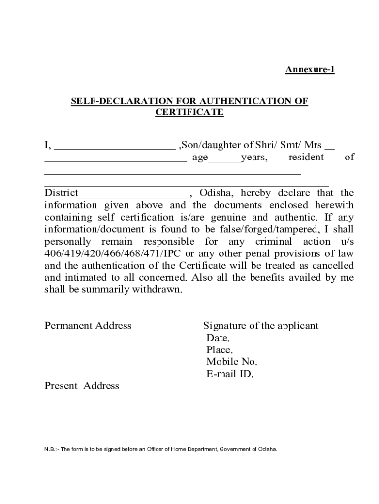 Fillable Online Authentication-Self certification and Self Declaration ...