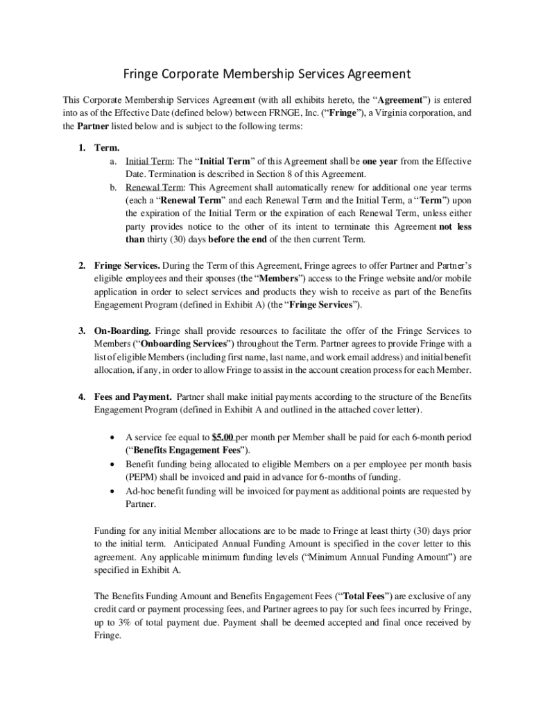 Fillable Online Fringe Corporate Membership Services Agreement Fax ...