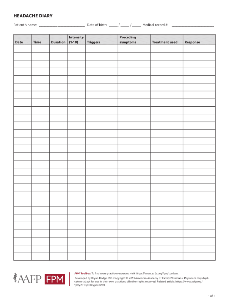 Fillable Online A headache diary consists of tracking the following ...