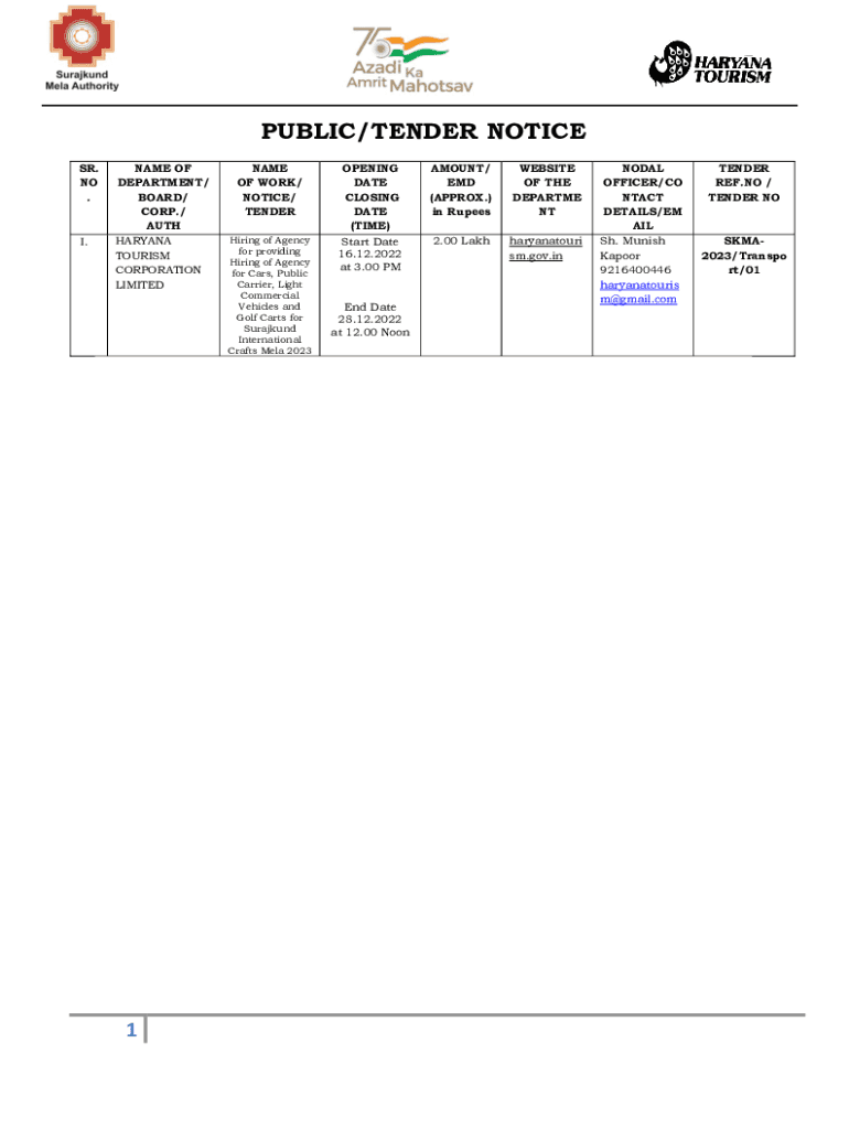 Fillable Online haryanatourism gov 1.Publication of Tender Notice - Transport Department ...