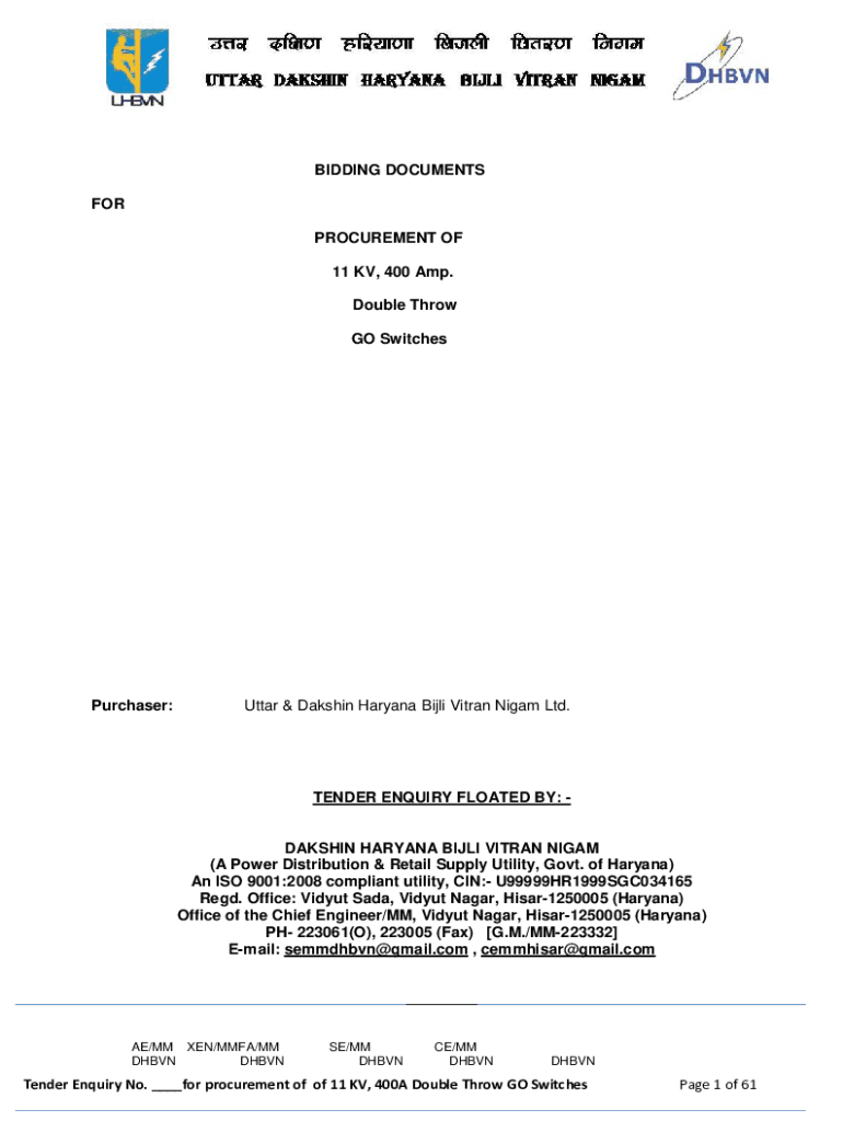 Fillable Online BIDDING DOCUMENTS FOR PROCUREMENT OF 11 KV ... Fax ...