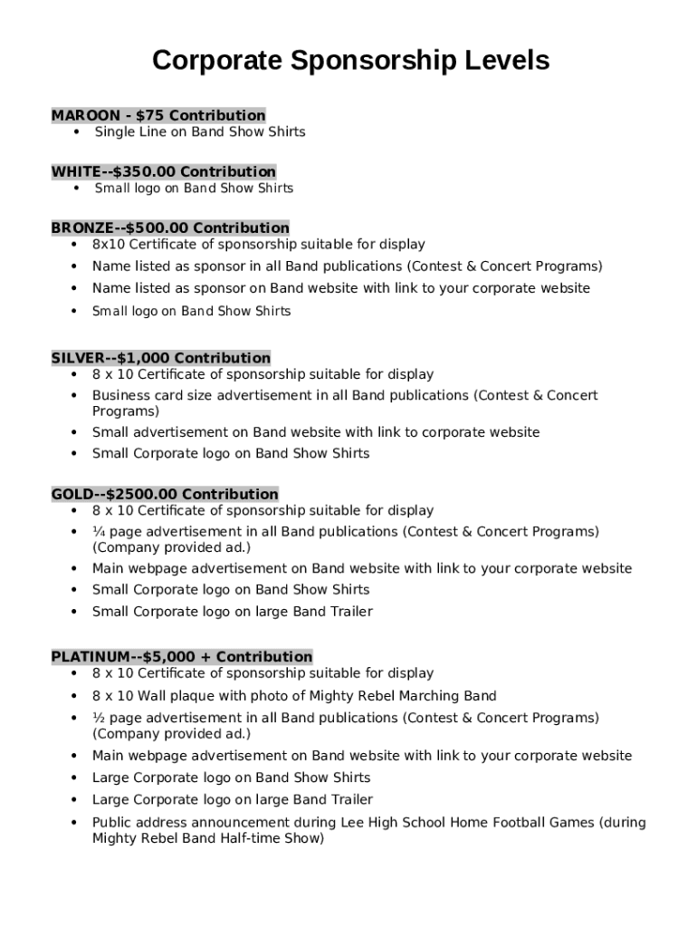 Corporate Sponsorship Levels Doc Template | pdfFiller