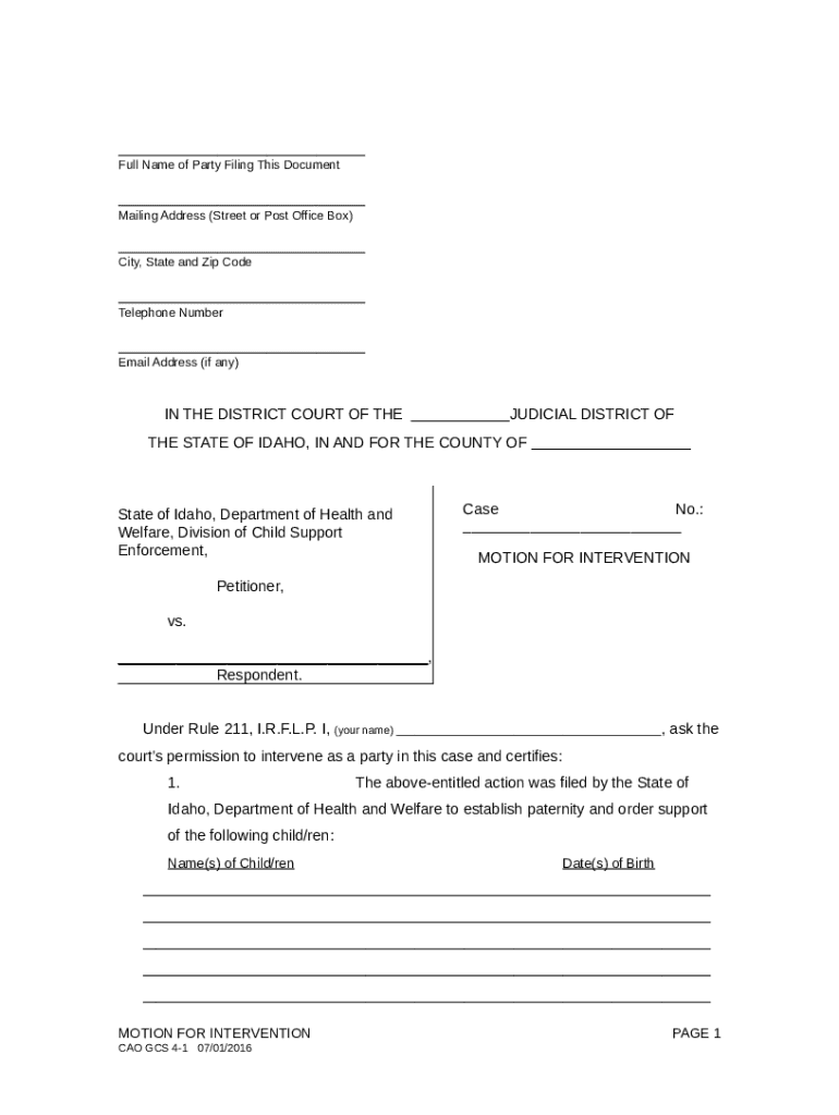 Motion For Intervention :: Idaho :: Family Law :: District Court - courtselfhelp idaho Doc ...
