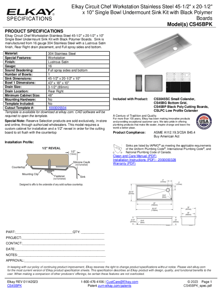 Fillable Online SPECIFICATIONS Elkay Circuit Chef Workstation Stainless ...