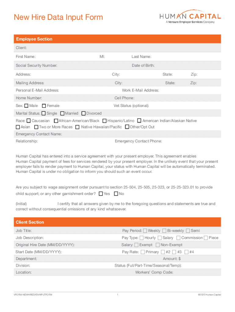 Fillable Online New Hire Data Input Form - Human Capital Fax Email ...