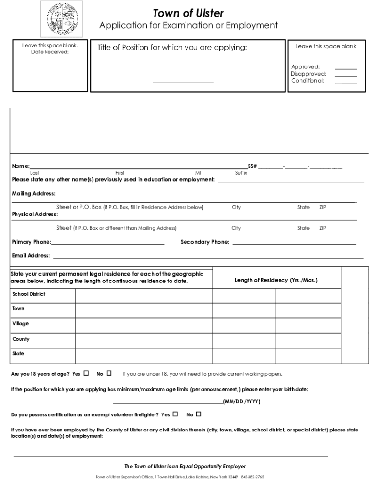 Fillable Online Application for Examination or EmploymentTown of Ulster ...