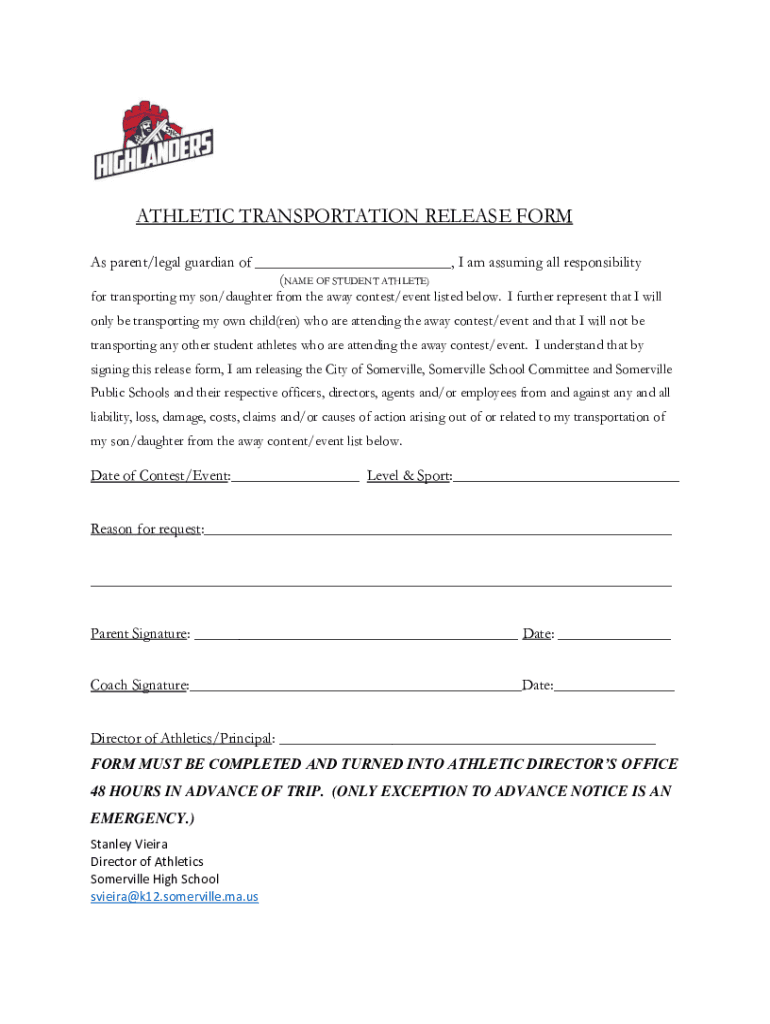 Fillable Online PARENT--GUARDIAN TRANSPORTATION RELEASE FORM ... Fax ...