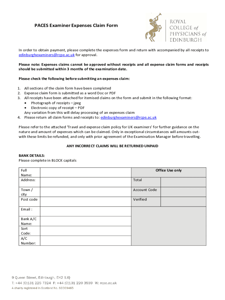 Fillable Online PACES Examiner Expenses Claim Form Fax Email Print - pdfFiller