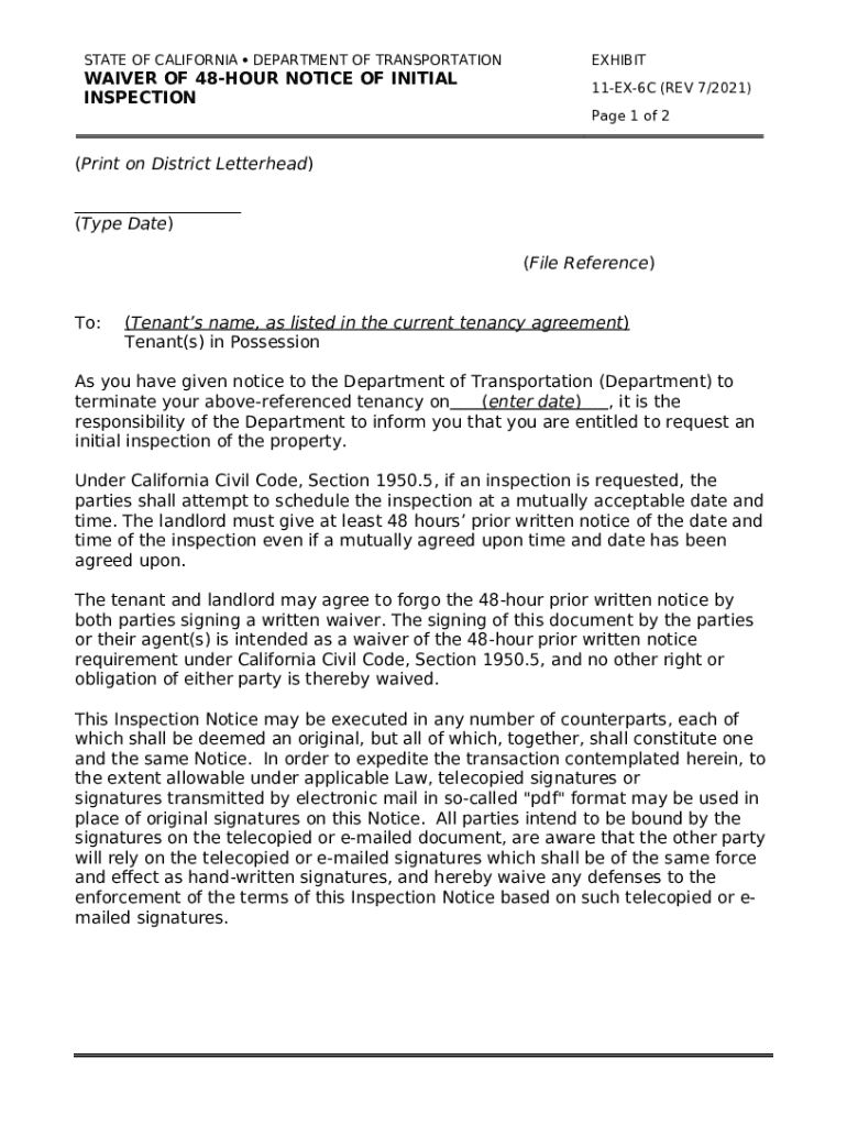 WAIVER OF 48 HOUR NOTICE OF INITIAL INSPECTION - dot ca Doc Template | pdfFiller