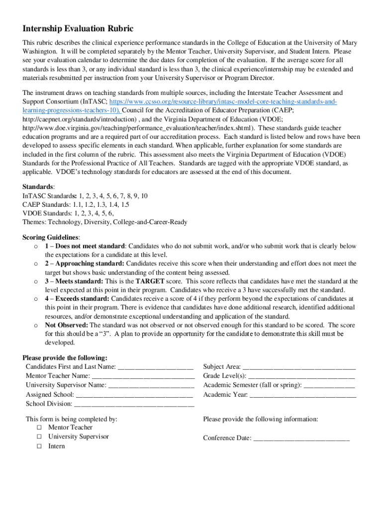 Fillable Online education umw Internship Evaluation Rubric - College of ...