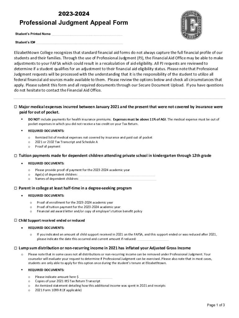 Fillable Online Professional Judgment Appeal Form - Elizabethtown College Fax Email Print ...
