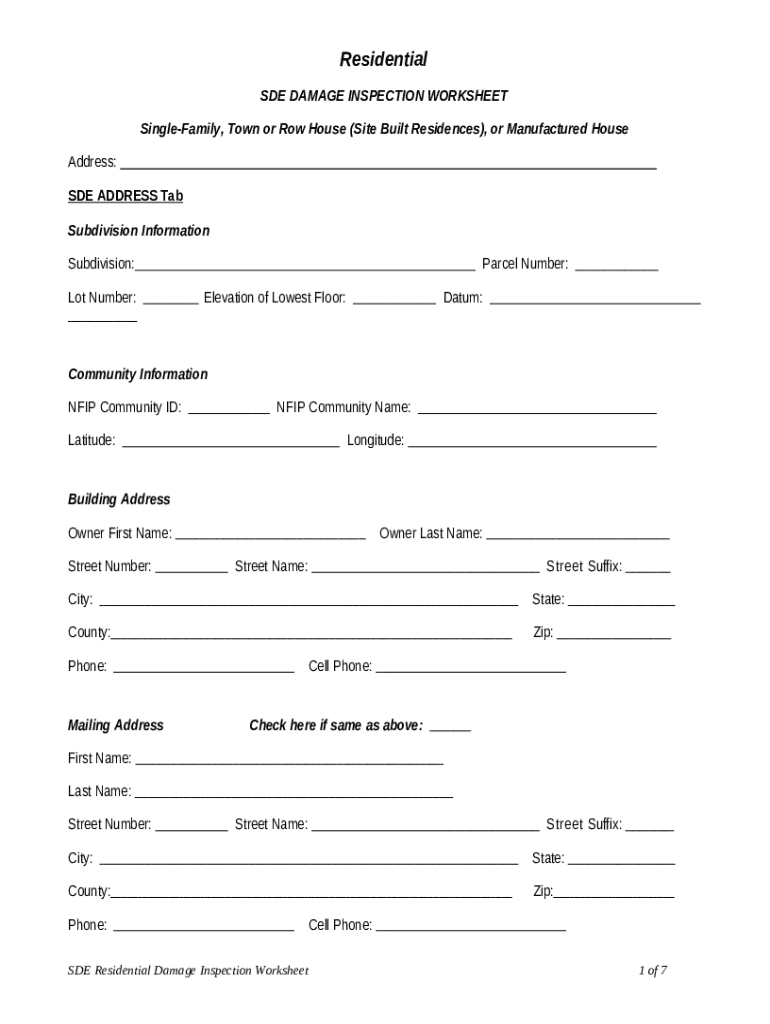Residential SDE Damage Inspection Worksheet - Marble Falls Doc Template ...
