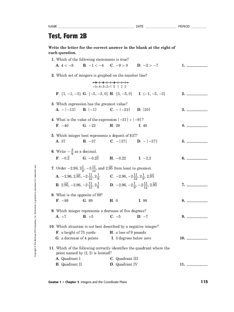 Fillable Online Test, Form 2B - 6th Grade! Fax Email Print - pdfFiller