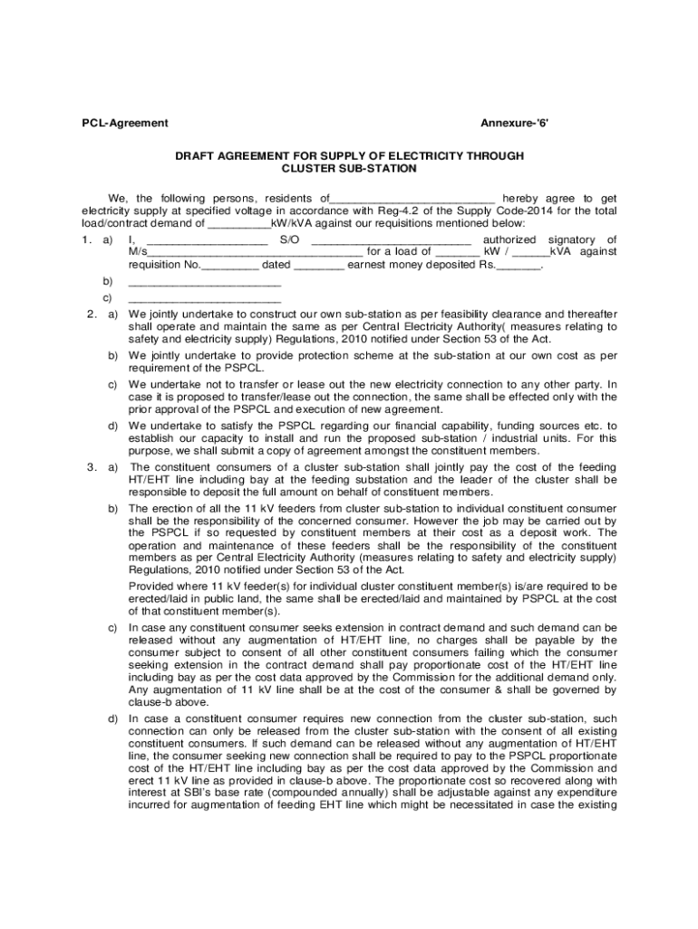 Fillable Online PCL-Agreement -DRAFT AGREEMENT FOR SUPPLY OF ELECTRICITY THROUGH cluster sub stn ...