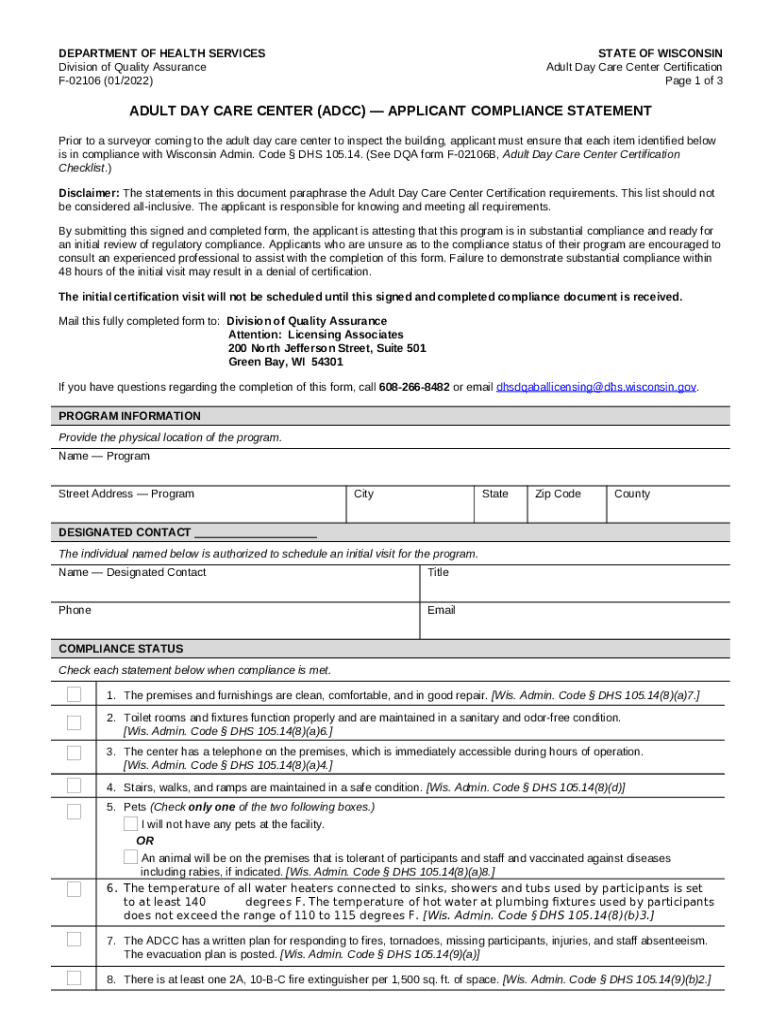 Adult Day Care Center - Applicant Compliance Statement, F-02106. 1100 ...