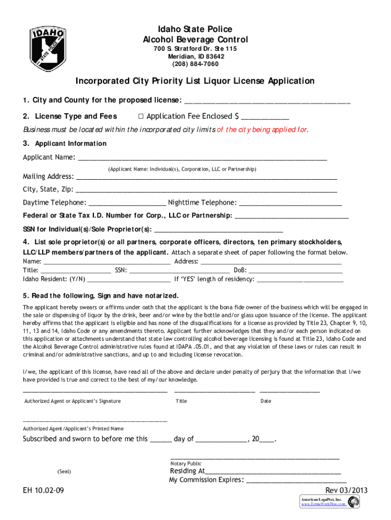 Fillable Online Fillable Online isp idaho Liquor Priority List Application pdf Fax Email Print ...