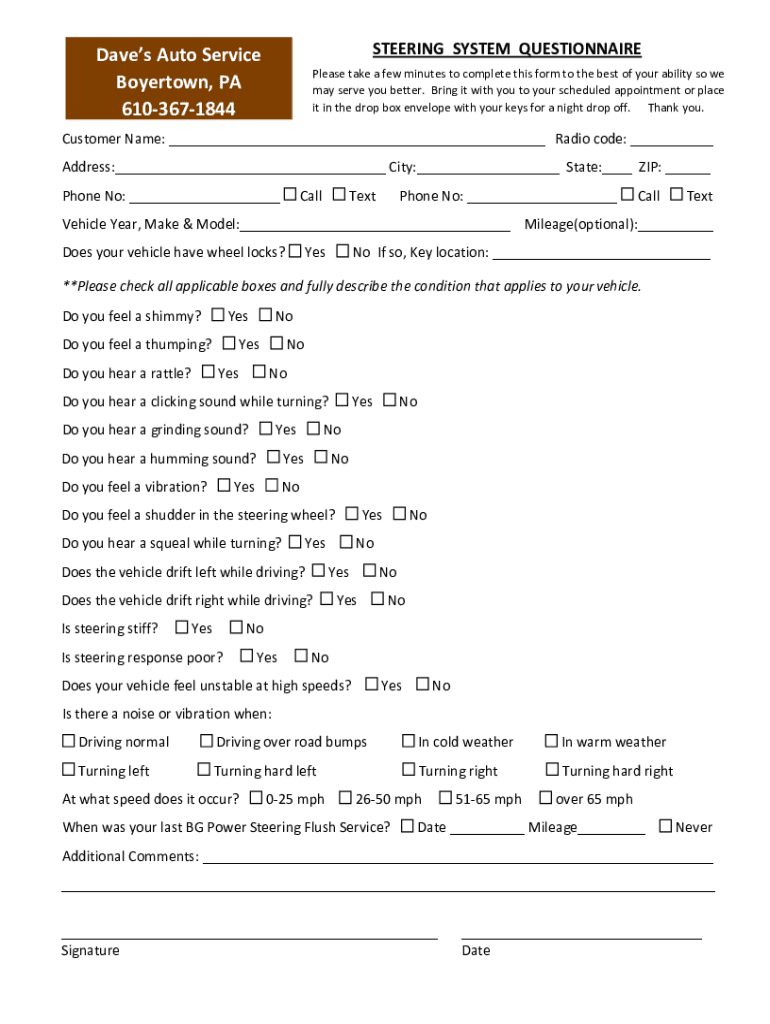 Fillable Online Steering System Questionnaire.doc Fax Email Print ...