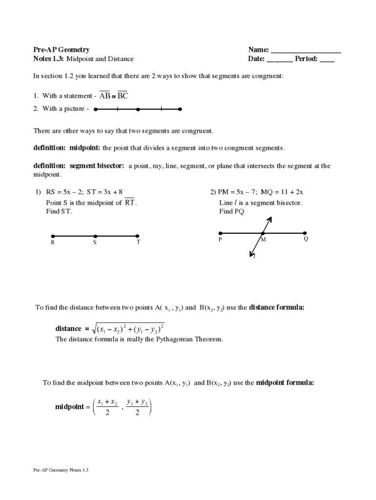 Fillable Online Geometry 1.3 part 1: Using the Midpoint Formula ...