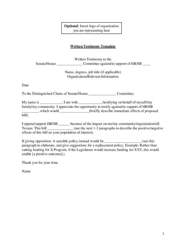 Fillable Online Sample Written Testimony: The Basics Fax Email Print ...