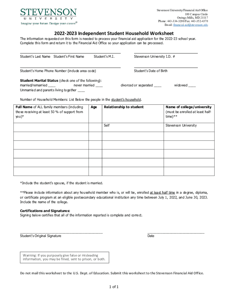 Fillable Online 2022-2023 Independent Student Household Worksheet Fax ...