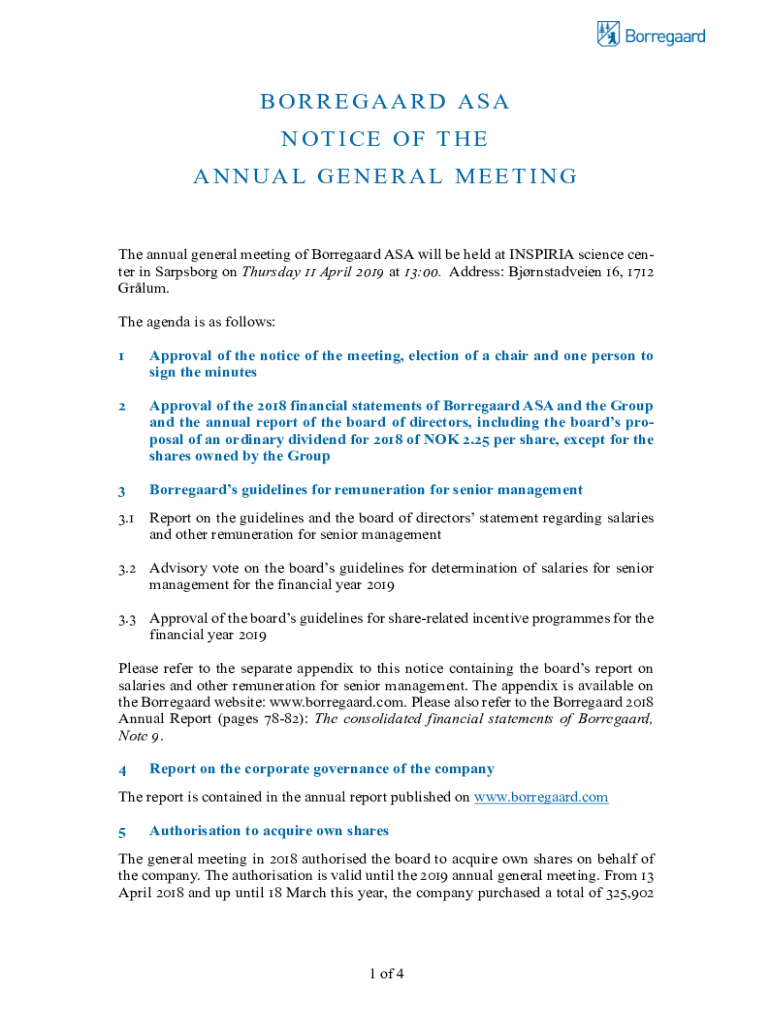 Fillable Online BORREGAARD ASA NOTICE OF THE ANNUAL GENERAL ... Fax ...
