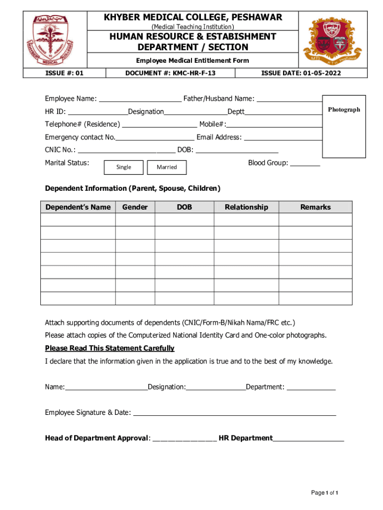 Fillable Online Employee Medical Entitlement Form - Khyber Medical ...