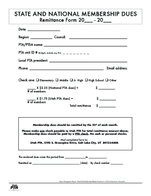 Fillable Online STATE AND NATIONAL MEMBERSHIP DUES - Utah PTA Fax Email ...