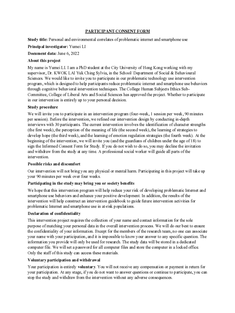 Fillable Online PARTICIPANT CONSENT FORM Study title: Personal and ... Fax Email Print - pdfFiller