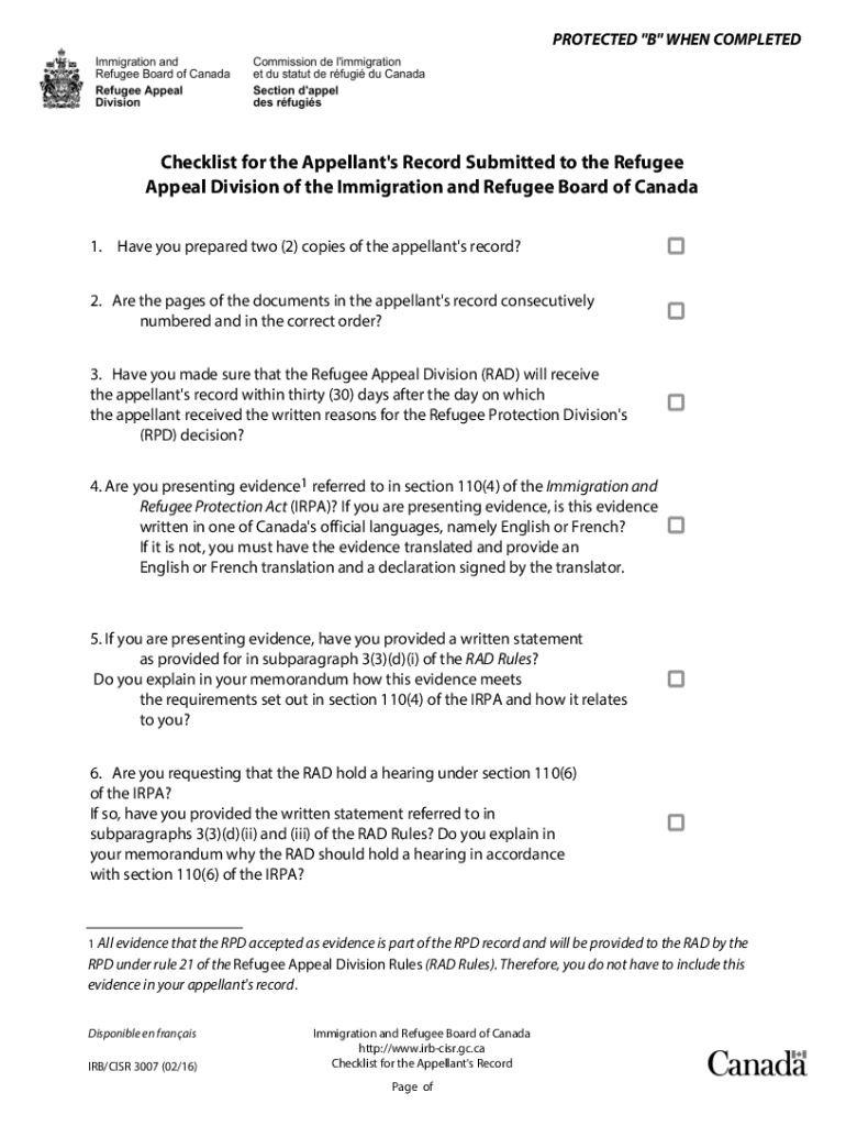 Fillable Online cisr-irb gc Checklist for the Appellant's Record ...