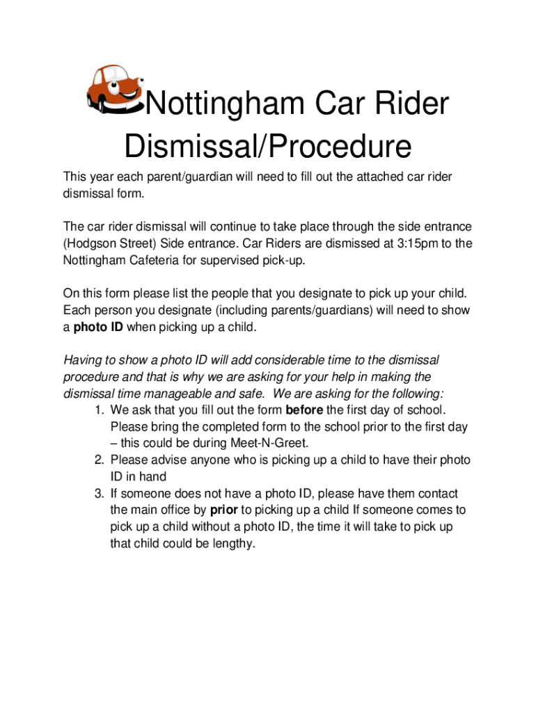Fillable Online Car Rider Procedures / Car Arrival/Dismissal ...