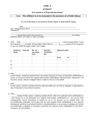 Fillable Online A- AFFIDAVIT-For issuance of duplicate securities FORM ...