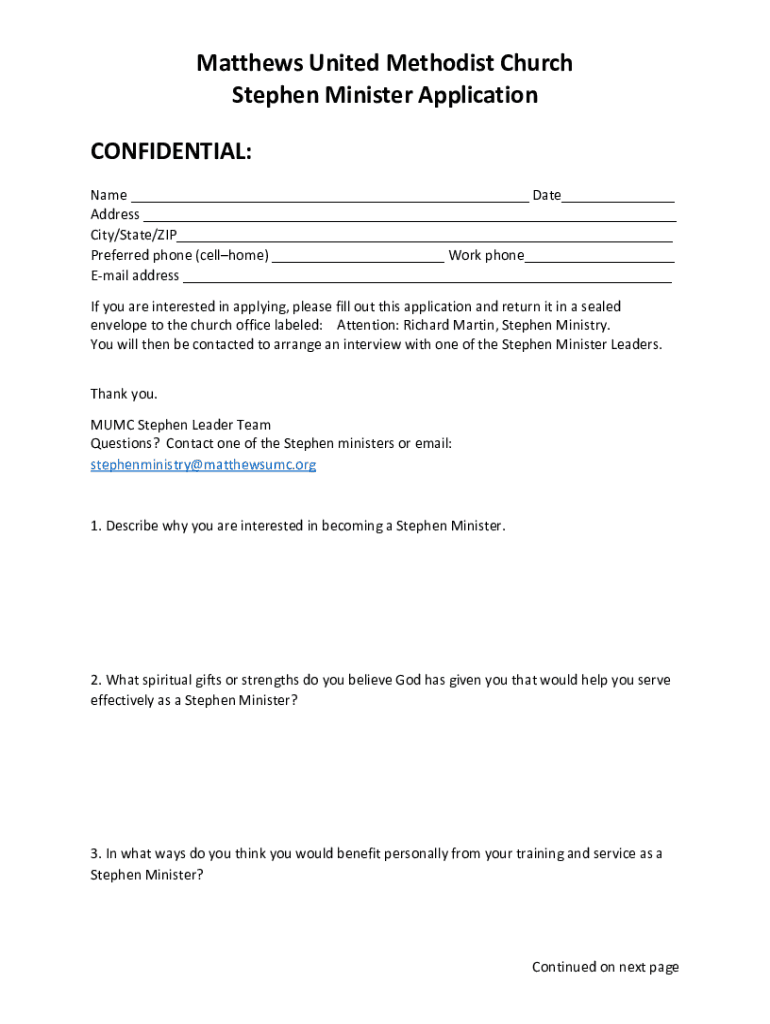 Fillable Online Stephen Ministry Application - Roswell United Methodist ...